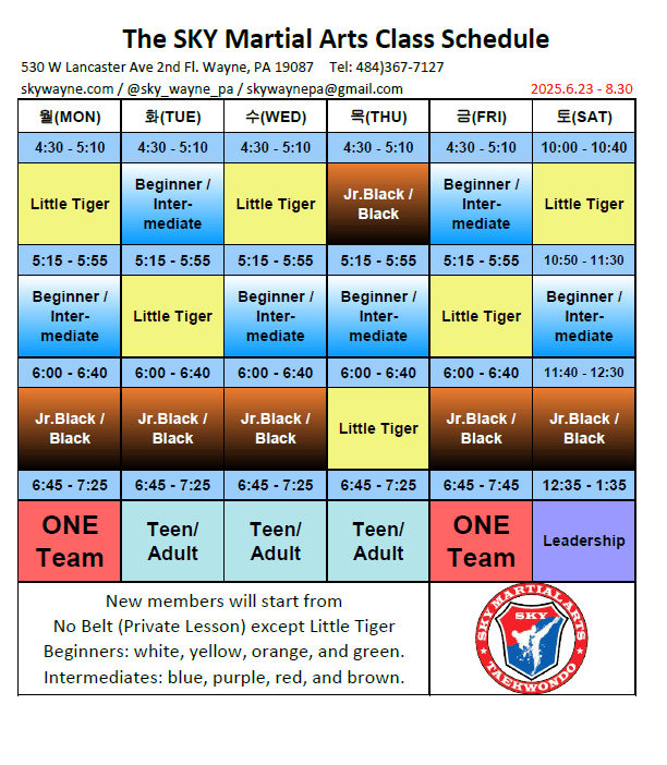 Class Schedule - Sky Martial Arts Wayne